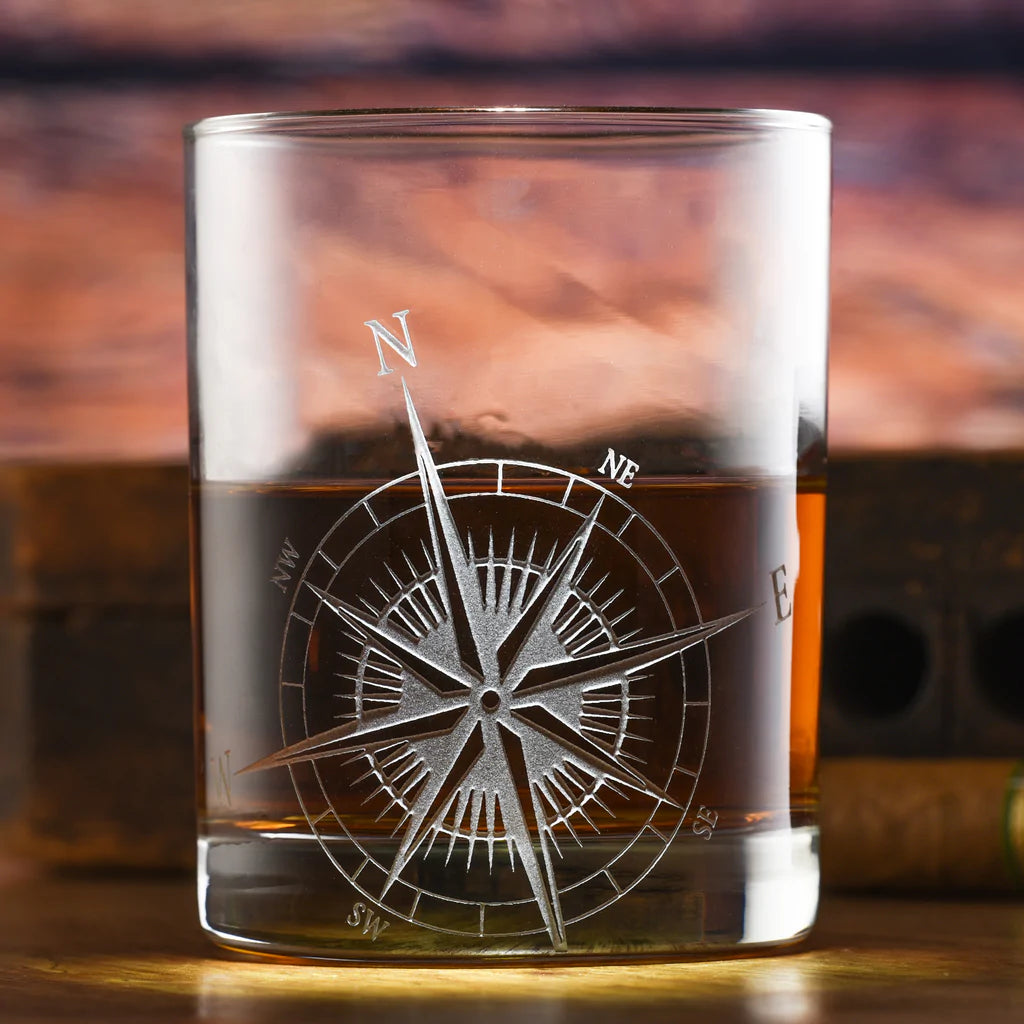 Hand Etched Compass Rose Whiskey Glass Set | Coastal Compass – The ...