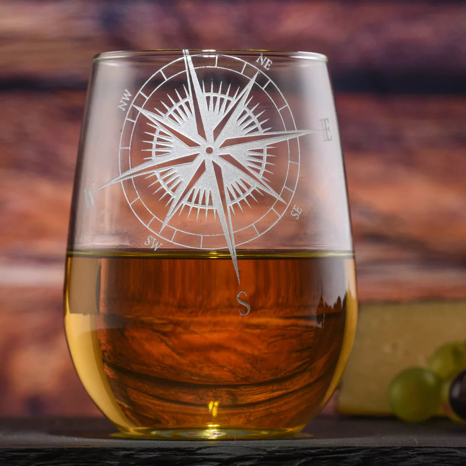 Hand Etched Compass Rose Stemless Wine Glass Set | Coastal Compass ...