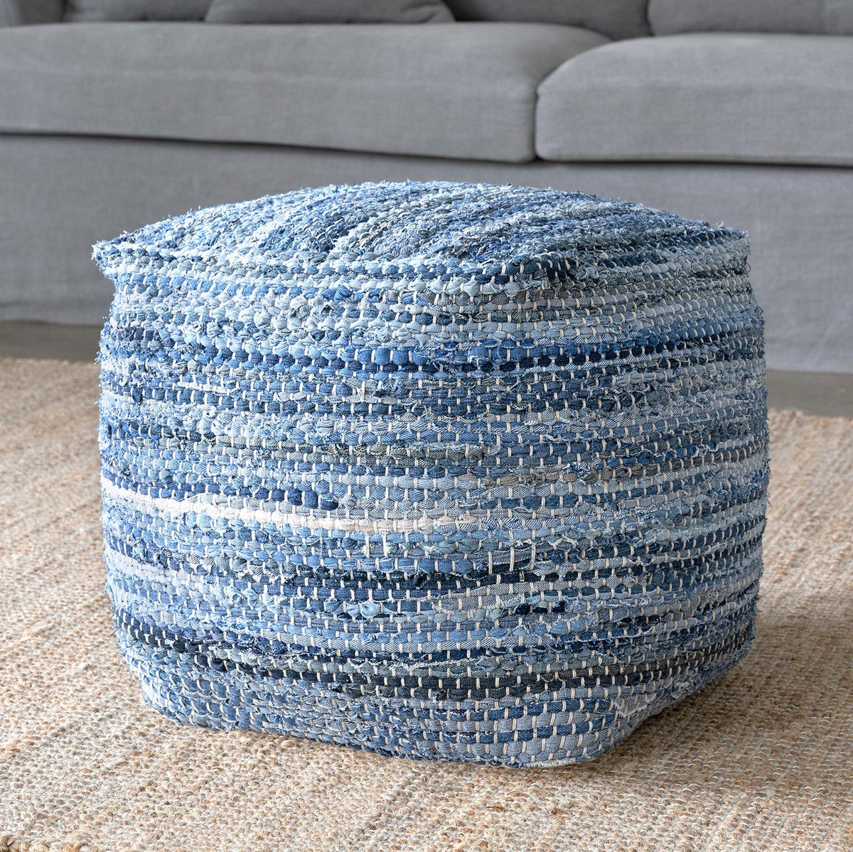 Woven Recycled Denim Pouf | Coastal Decor | Coastal Compass Home Decor ...